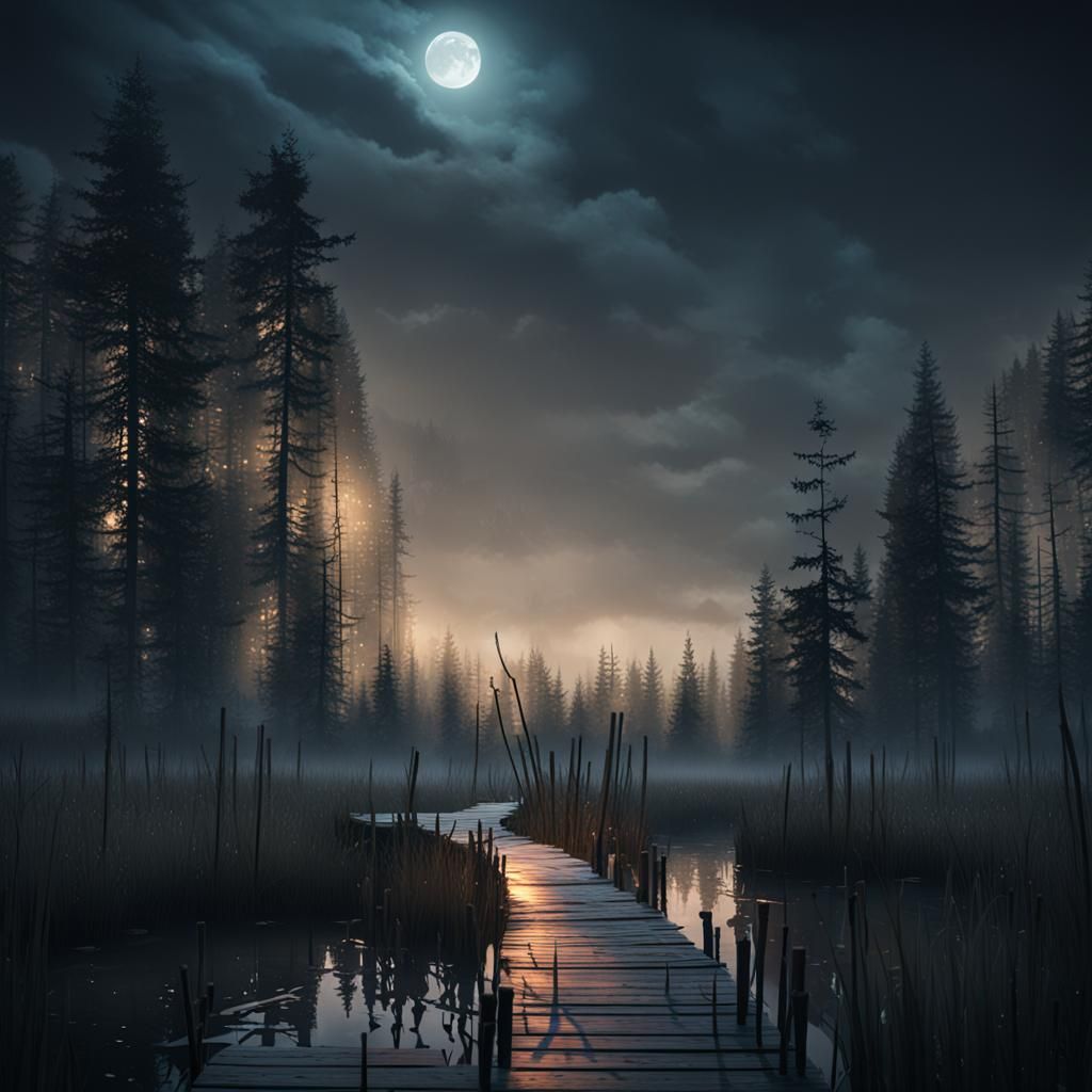 Mysterious swamp at night - Mysterious Swamp at Night in Det...