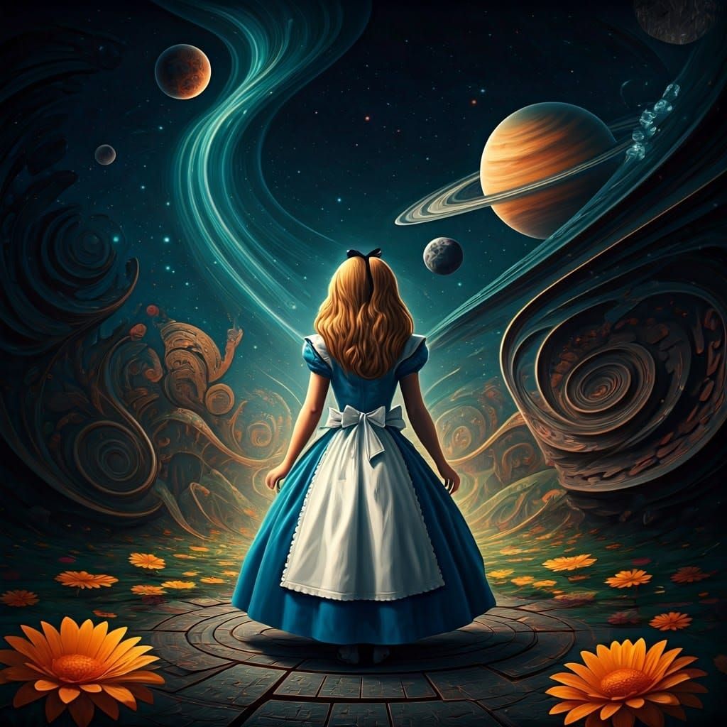 An oil painting. An oil painting. Alice in Wonderland. Field of flowers ...