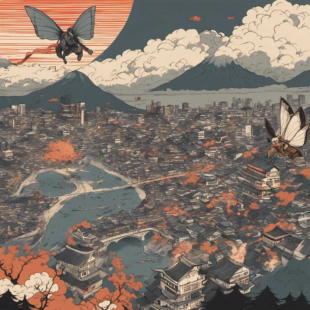 Mothra attacking a city in the style of Ukiyo-e - AI Generated Artwork ...