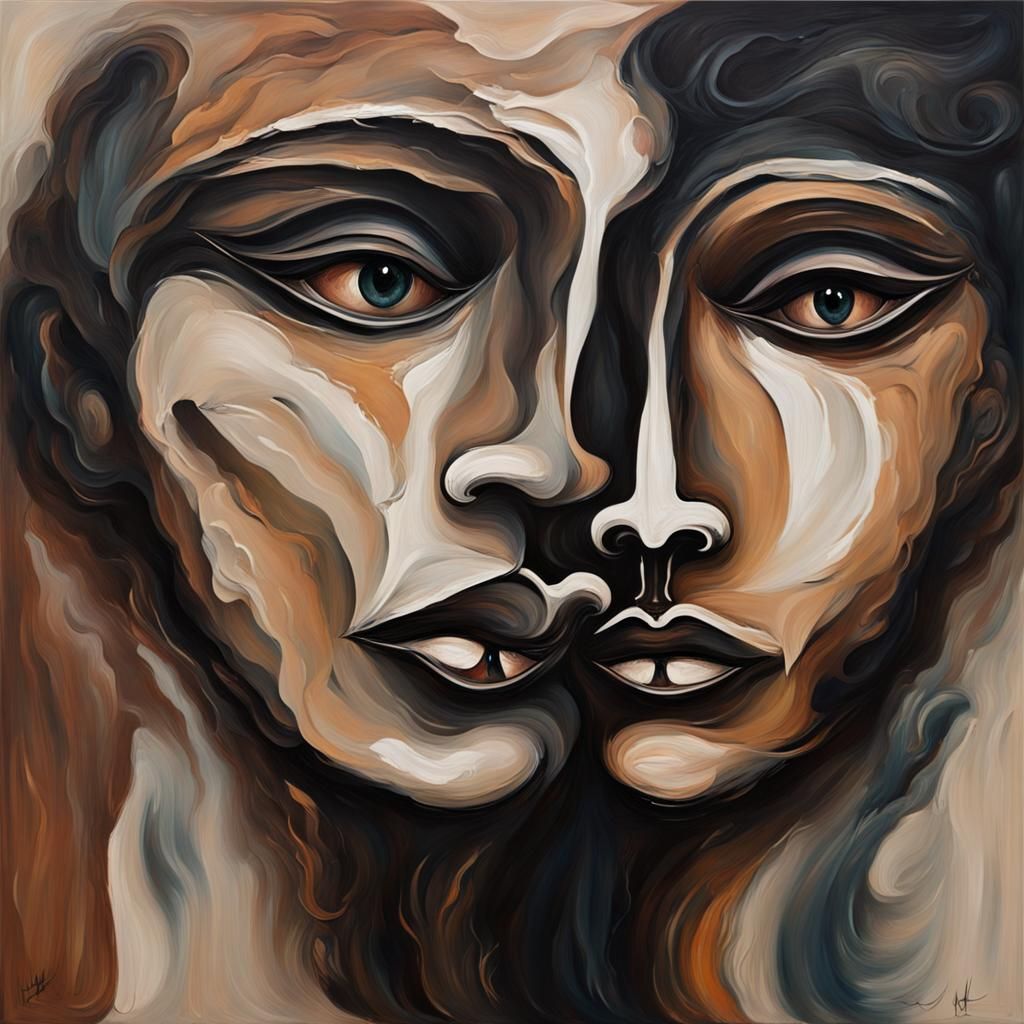 An abstract portrait painting that merges two faces into one image. The ...