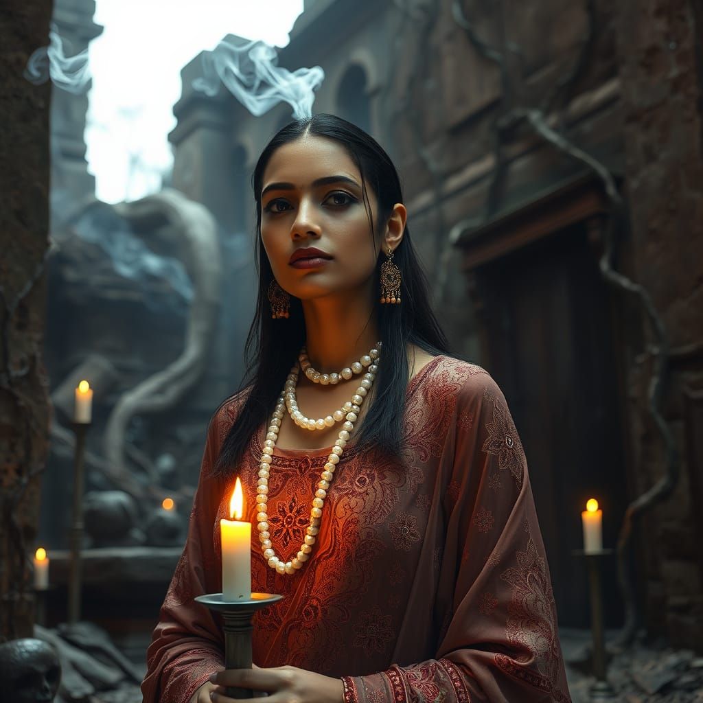 Darkly Beautiful South Asian Woman in Ancient Ruin - AI Art