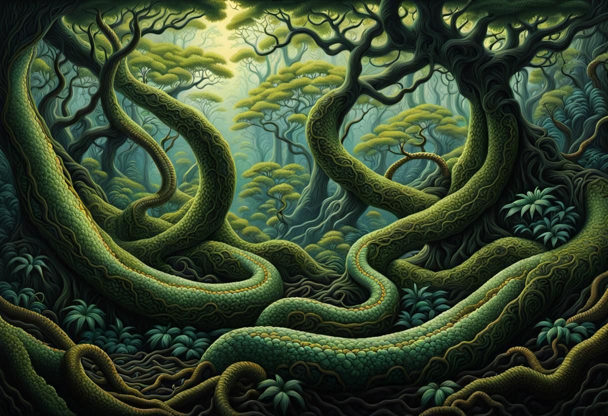 Masterful, neon threads, massive ancient Japanese curved warped forest, lush, snakeskin roots ...