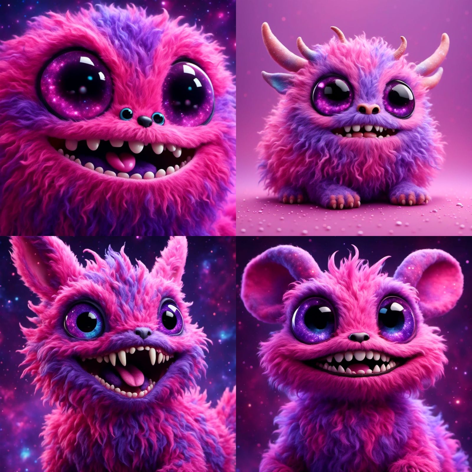 pink and purple pastel round fuzzy creature, buck teeth, antenae, goofy ...