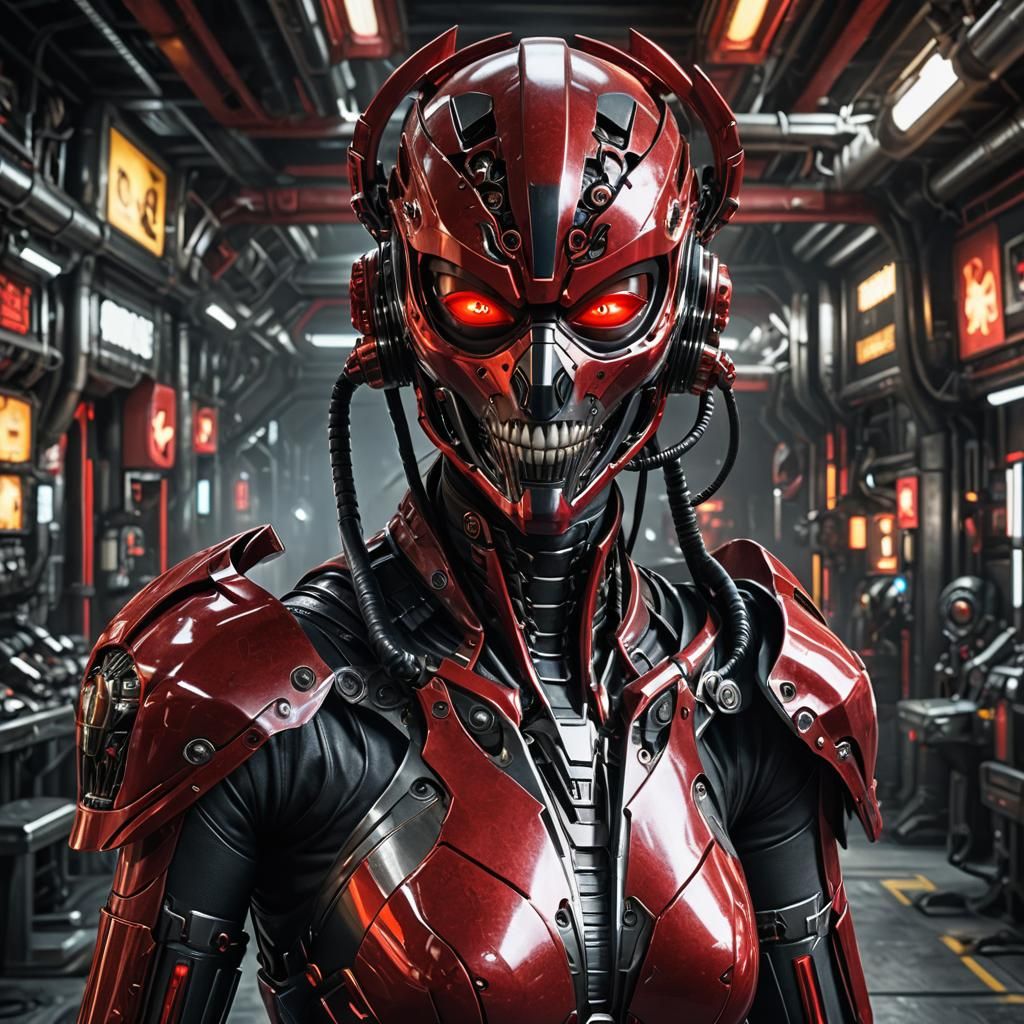 alien cyber girl with a cruel smile wearing a mechanical red mask ...