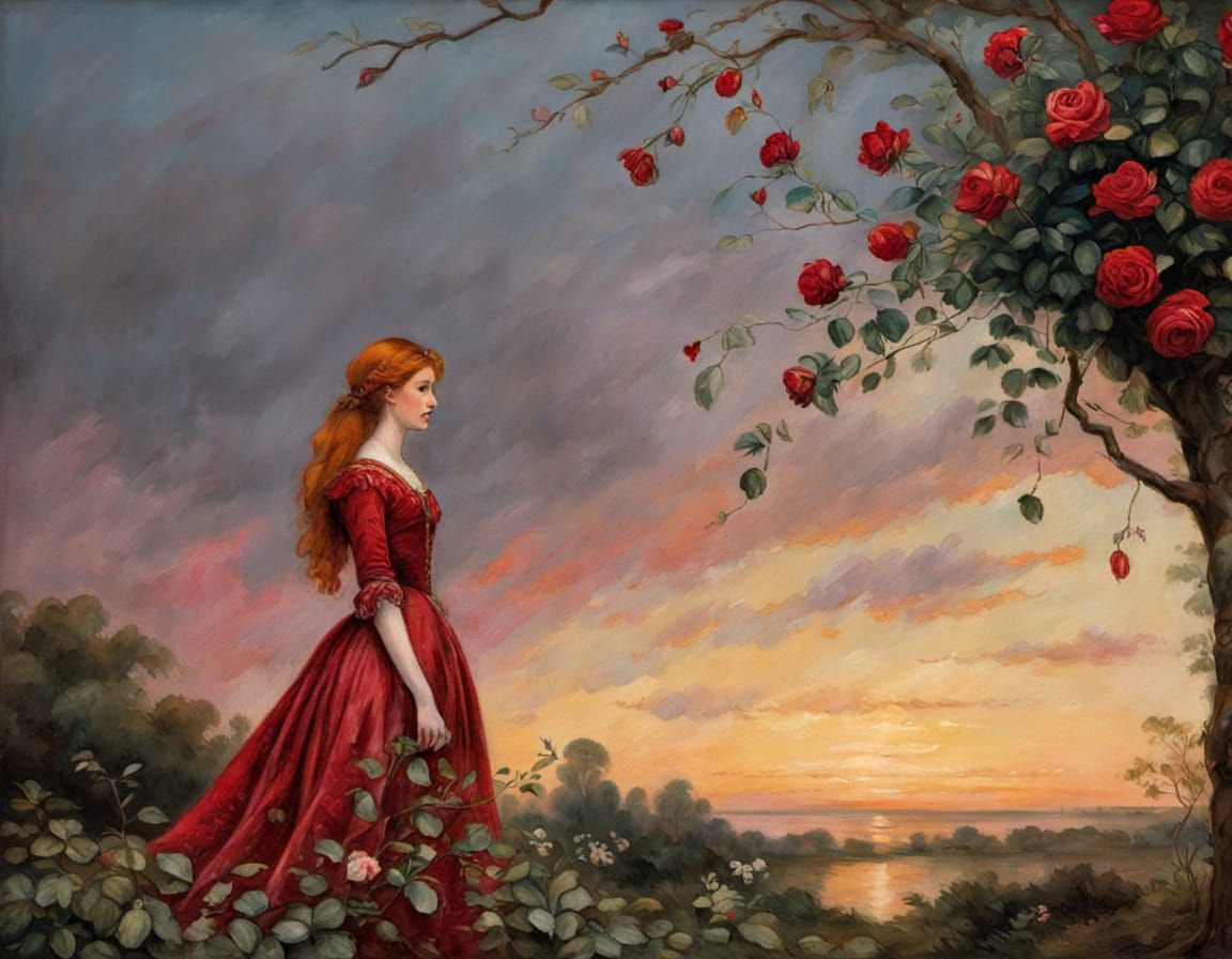Ethereal Red Rose Portrait in Pre-Raphaelite Style - AI Art