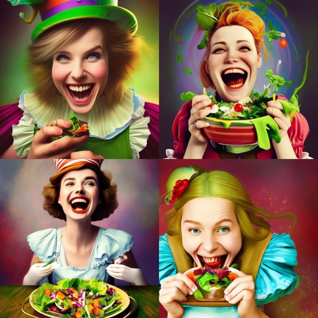 Alice in wonderland laughing eating salad - AI Generated Artwork ...