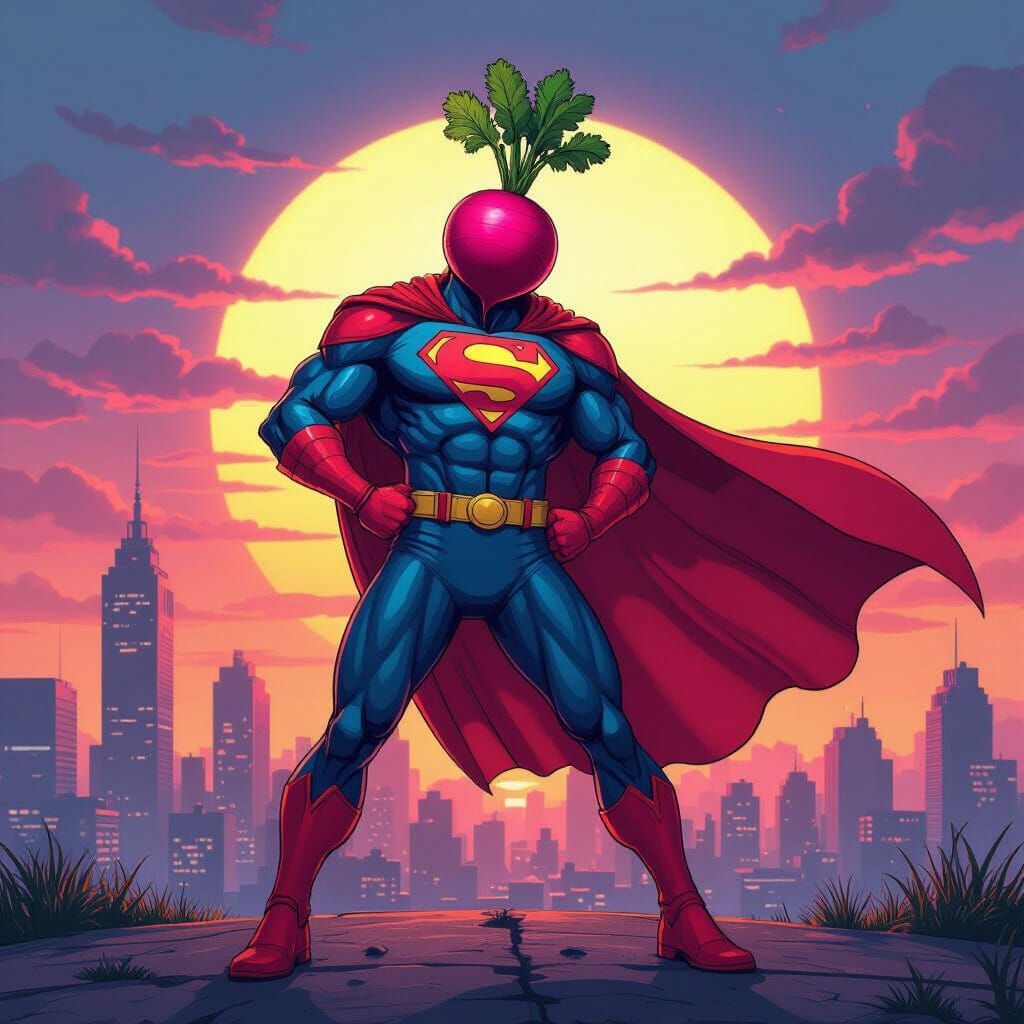 Radish man superhero - Radish Superhero in Futuristic Citysc...