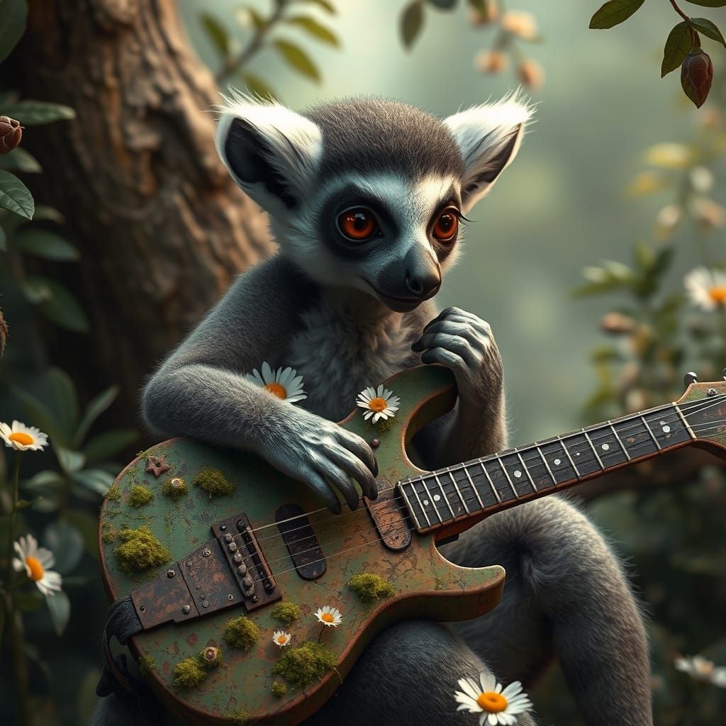 Whimsical Ring-Tailed Lemur Plays Guitar Amidst Lu... - AI Art