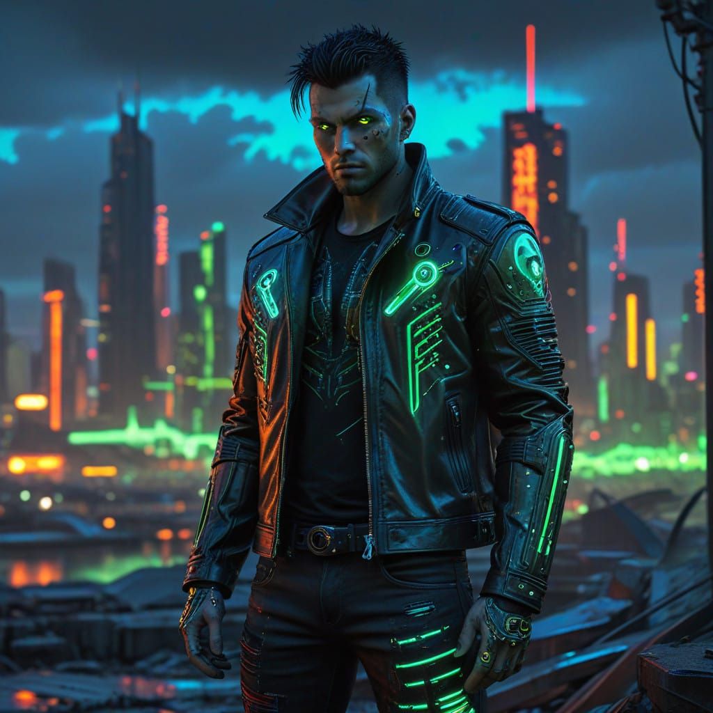 Cyberpunk Cyborg Man in Gritty Neon-Noir Style - AI Art