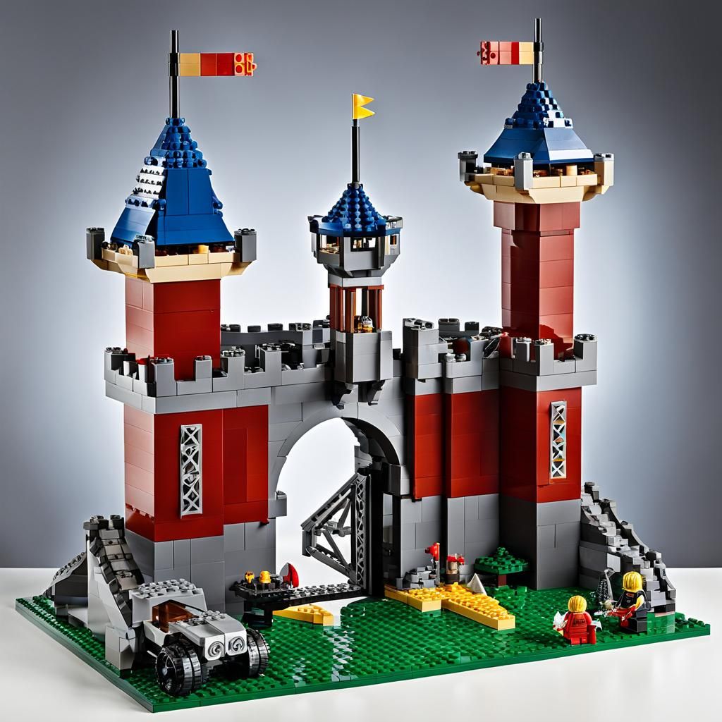 LEGOS, castle with two guard towers and a drawbridge extended over a ...
