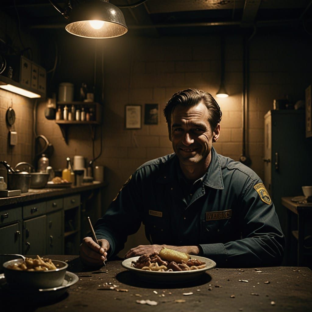 Janitor Finds Solace in Basement Break Room - AI Art