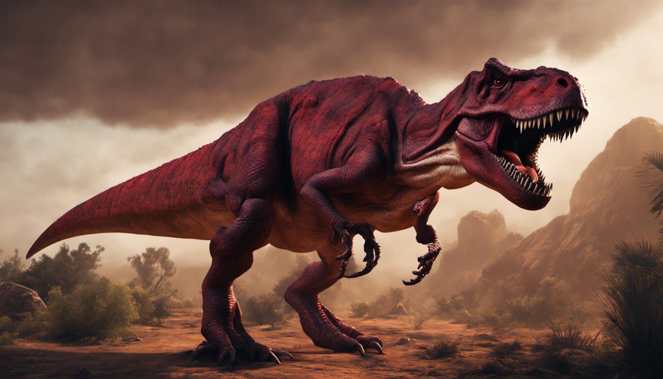 A photograph portrait of Red Tyrannosaurus Rex Epic cinematic brilliant ...