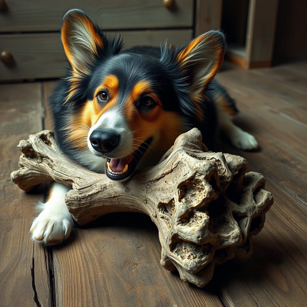 Dire Corgi chewing on Big bone - Dire Corgi Chews on Ancient...