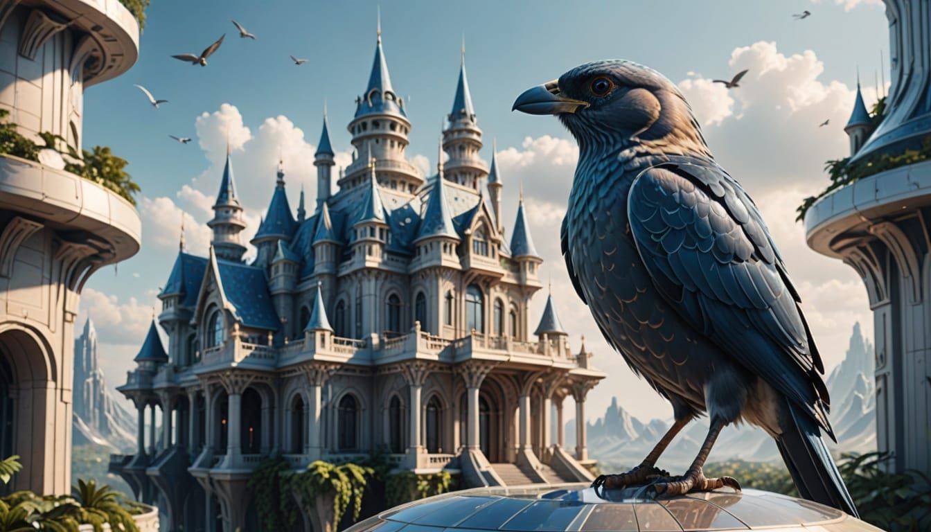 A Bird Perches on a Futuristic Palace in Realistic... - AI Art