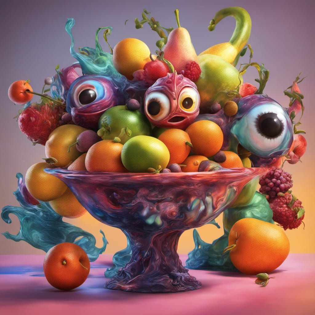 A still-life fruit bowl with colorful and strange alien fruit featuring ...