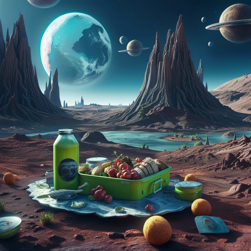 Aliens make a picnic on moon with view on earth detailed matte painting ...