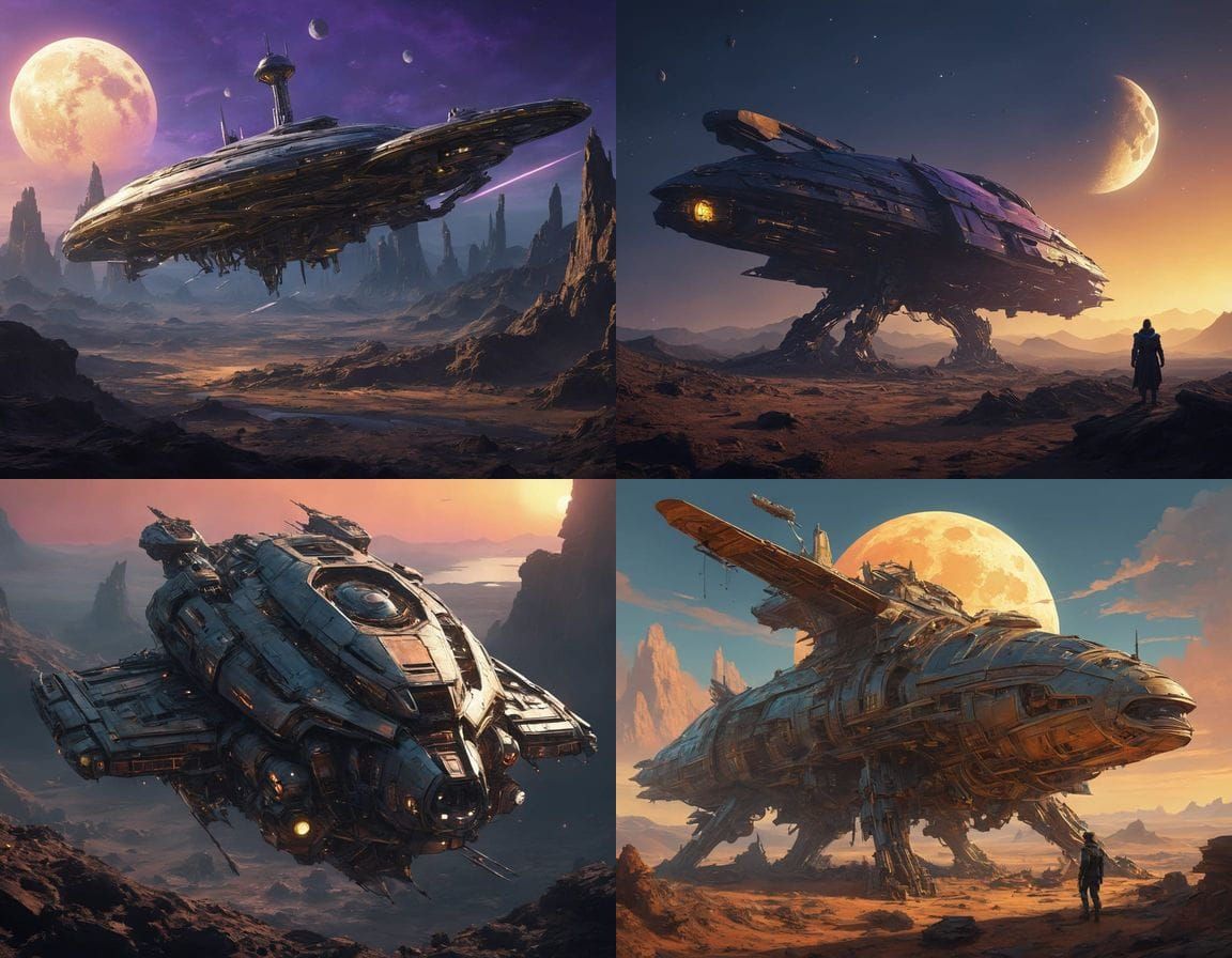 starship voyager hovering over a shattered alien landscape with a full ...