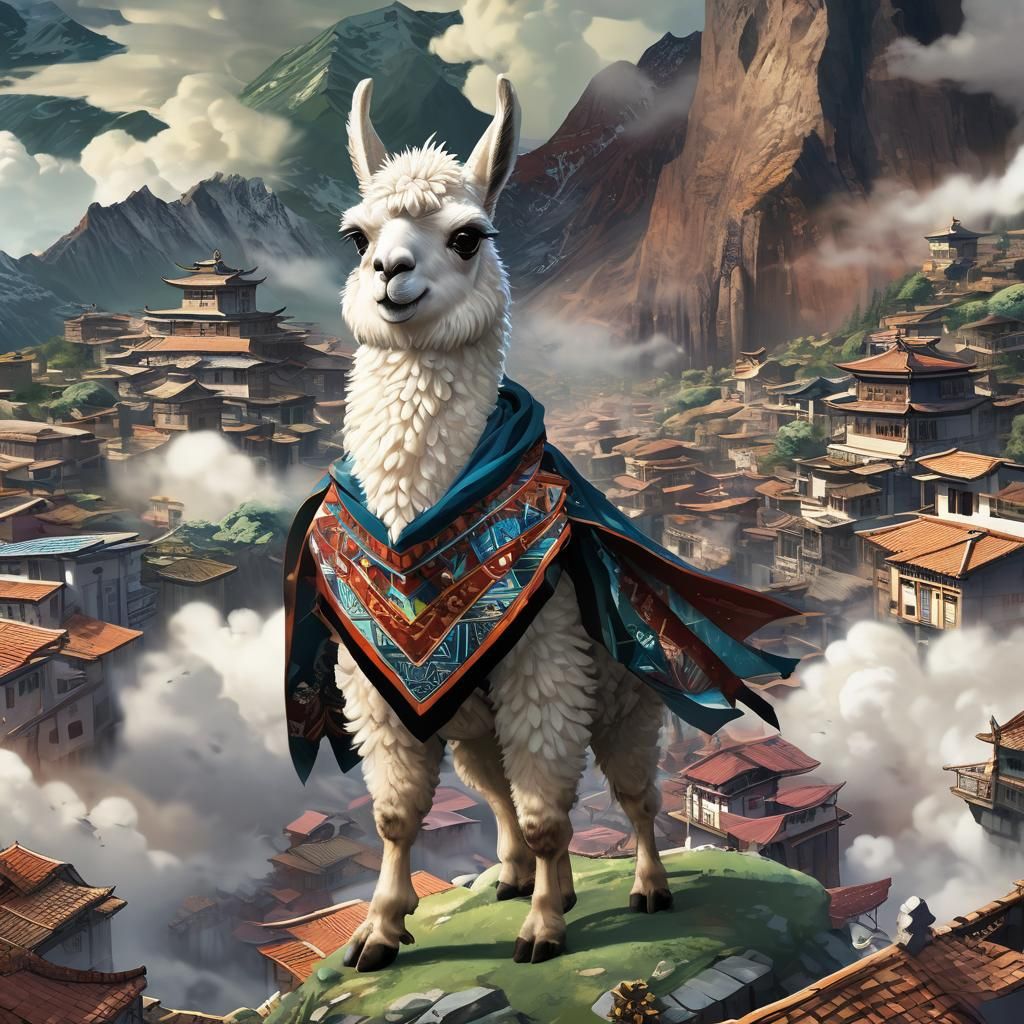 a chibified Llama superhero with an indigenous patterned cape flying ...