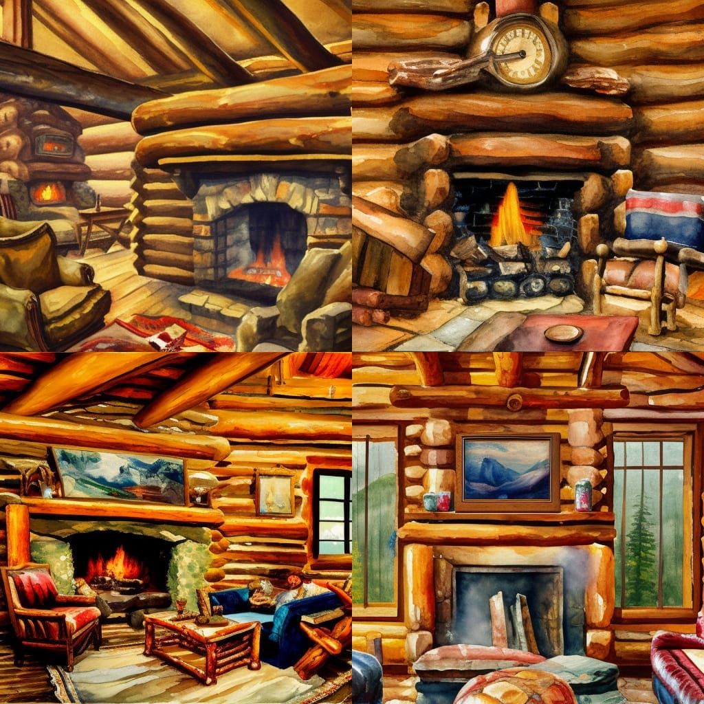 Roaring fireplace in a log cabin - AI Generated Artwork - NightCafe Creator