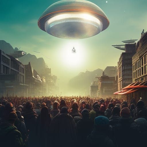 UFO, insanely detailed photo of a crowd of people in unity, watching a ...