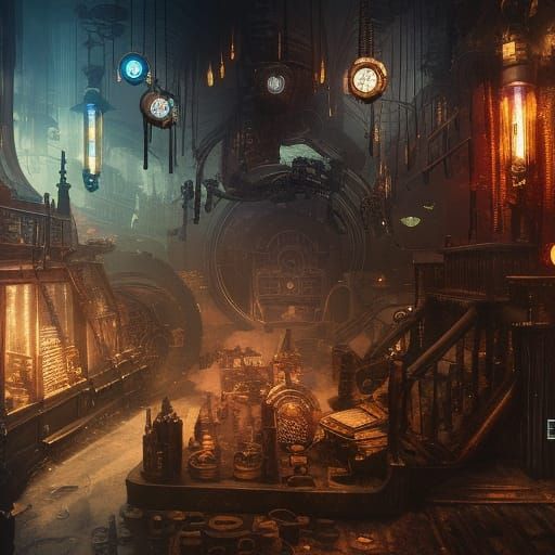 'mdjrny-v4 style' steampunk, alchemy shop, cinematic lighting, fantasy ...