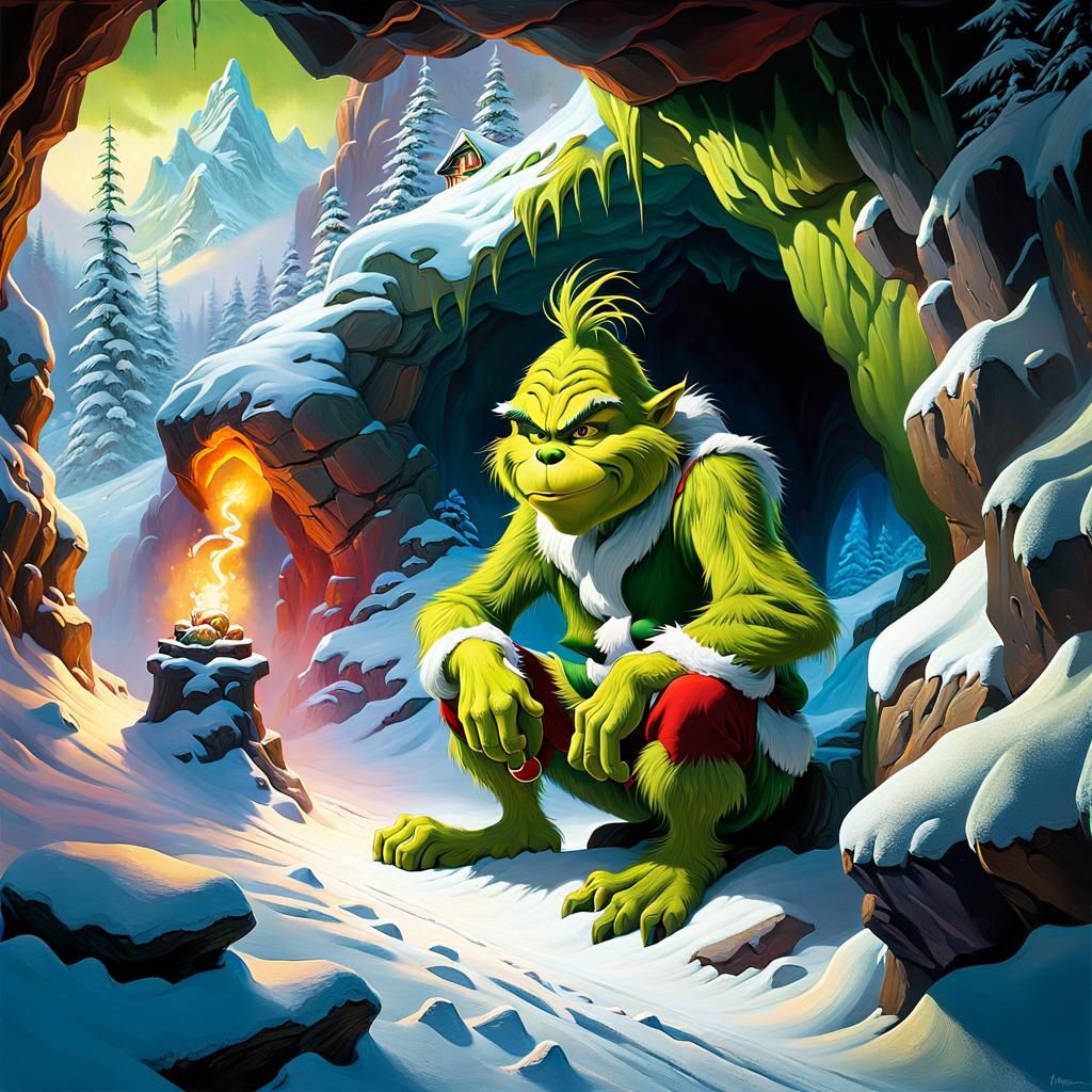 Grinch, snowy mountain cave - Majestic Grinch in Snowy Mount...
