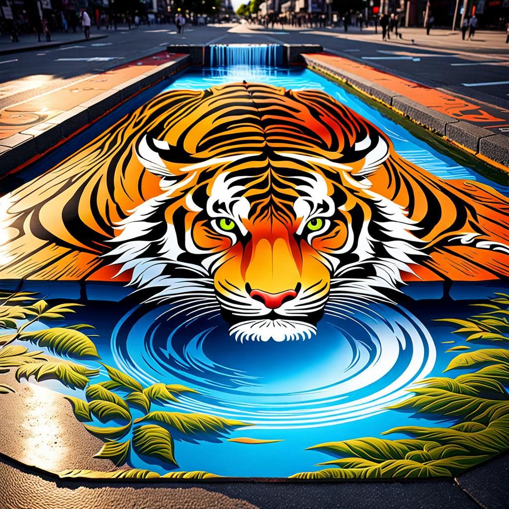 Tiger Drinking Out Of A Puddle Of Water In The Middle Of The Street 3d ...