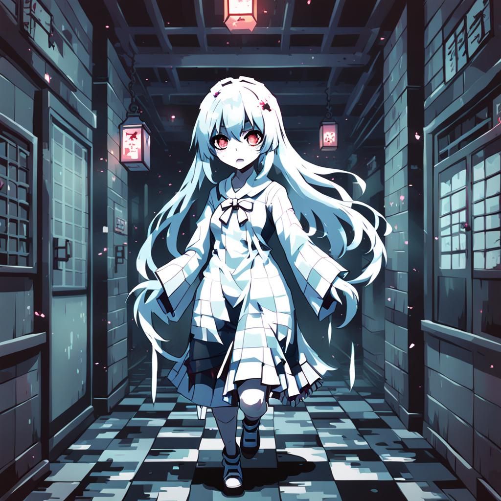 Japanese horror video game, ghost girl, blurry pixel art, by artist ...