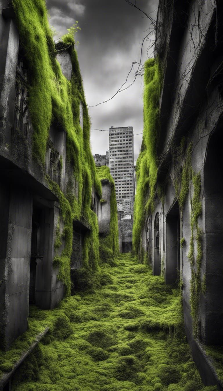 Overgrown city covered in vines and moss "selective color green" - AI ...