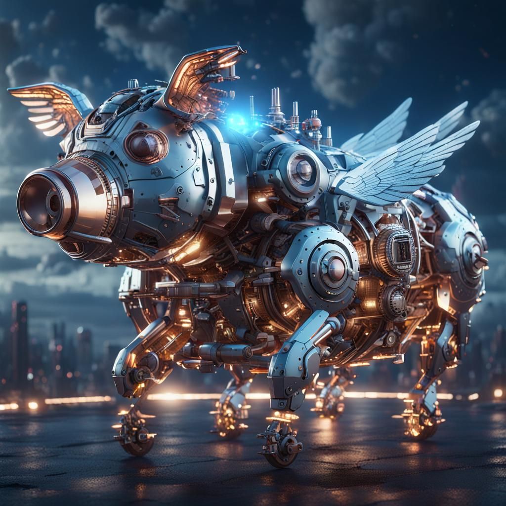 sparkling winged mechanical pig in the clouds at night : r/nightcafe