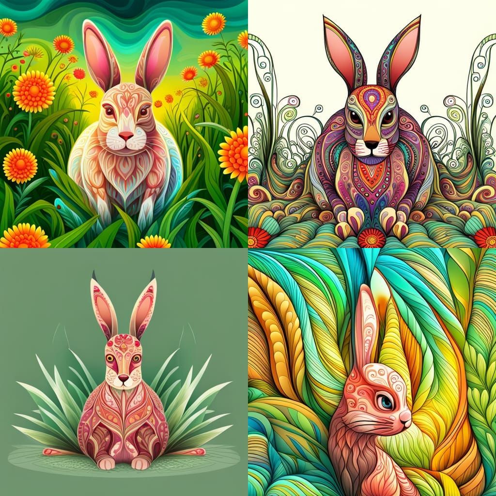 A cute boho colorful rabbit in the grass abstract vector fractal, wave ...
