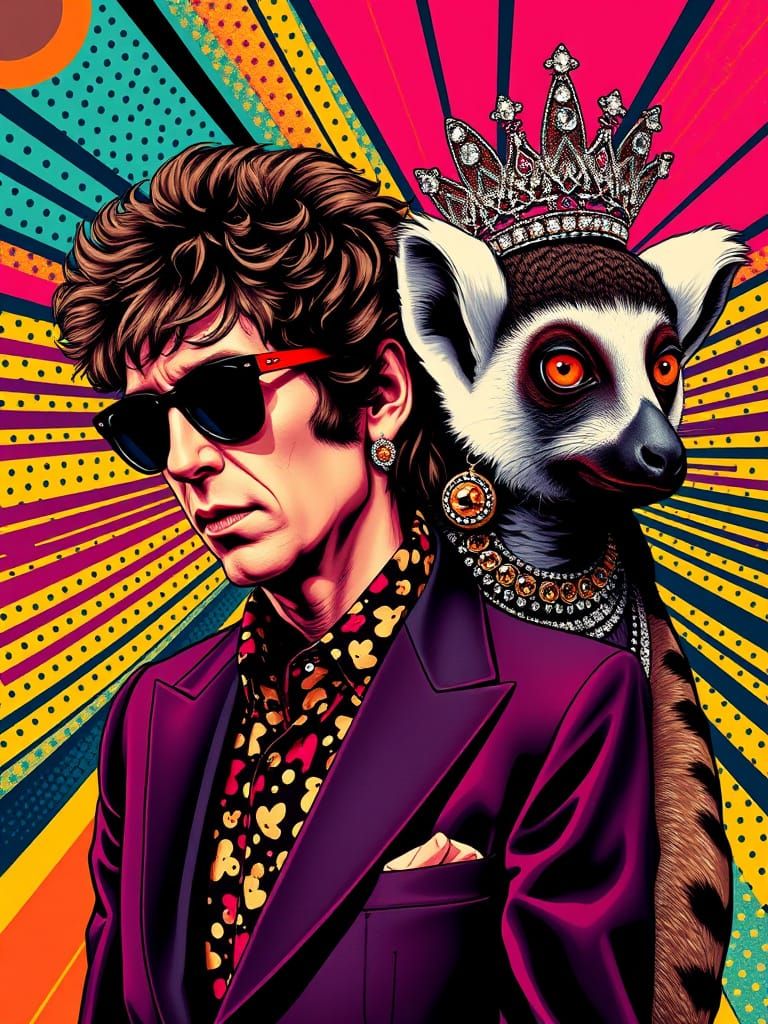 Rockstar Bob Dylan with Regal Lemur in Pop Art-Ins... - AI Art