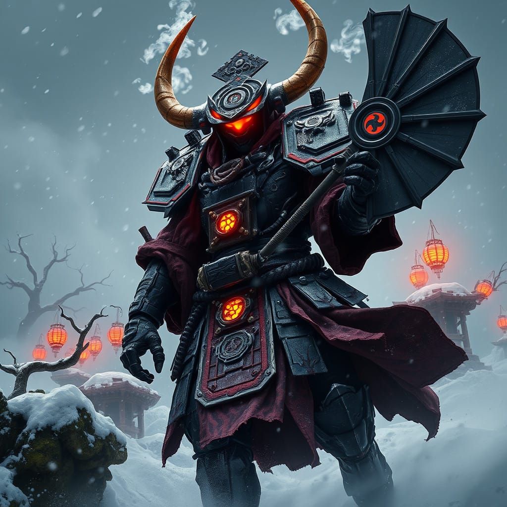 Cybernetic Oni Lord Storms Through Snowy Wasteland - AI Art