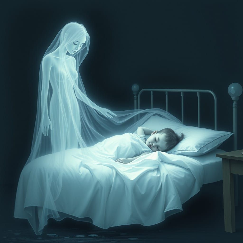 Grieving Mother - Motherly Ghost Mourns Beside Sleeping Chil...