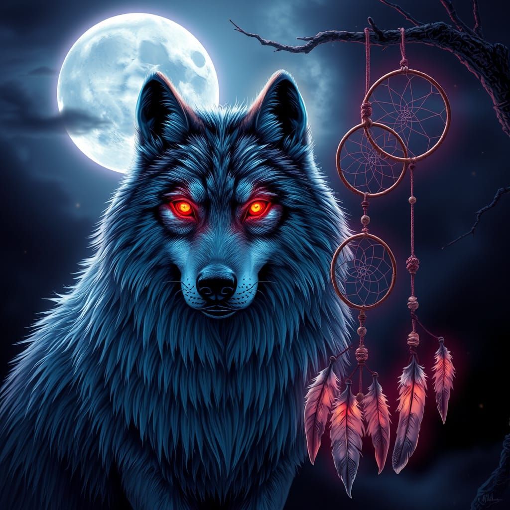 Regal Wolf Under Full Moon, Dreamcatcher, in Vibra... - AI Art