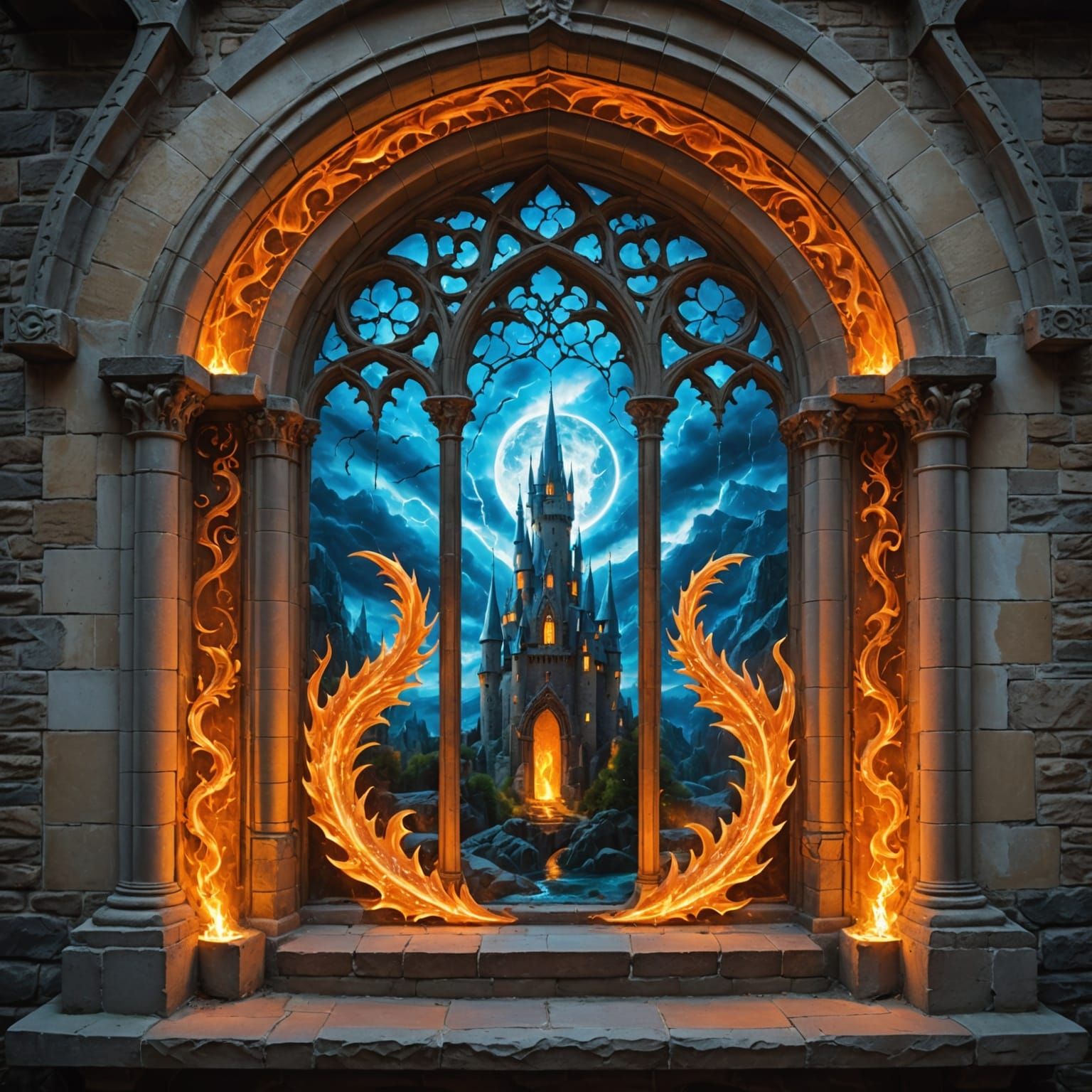 A majestic medieval castle window with intricate Gothic stone carvings ...