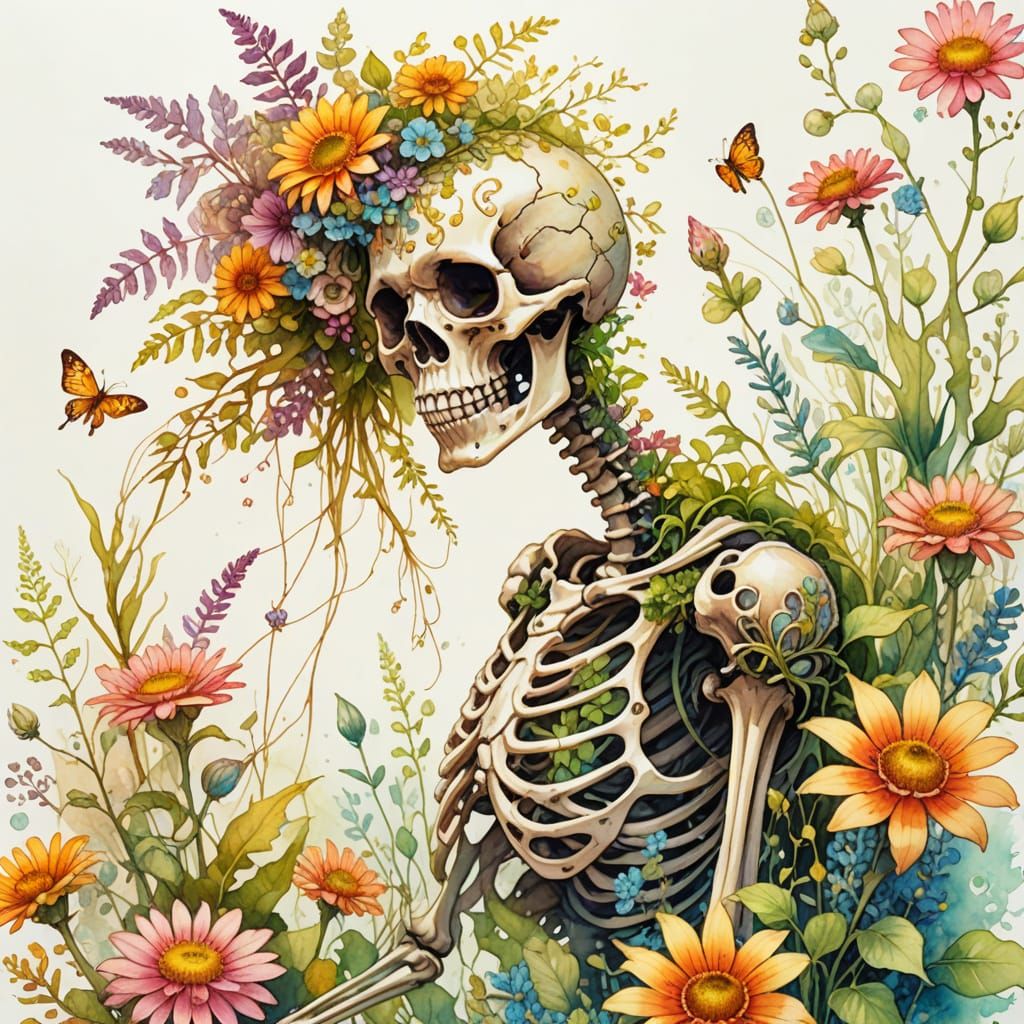 Enchanted Skeleton in Vibrant Bloom - AI Art