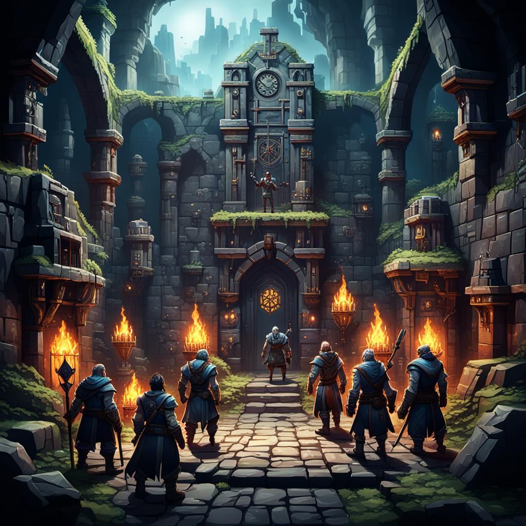 64 bit pixel game art of a awesome JJRPG team in a pixelated Dungeon ...