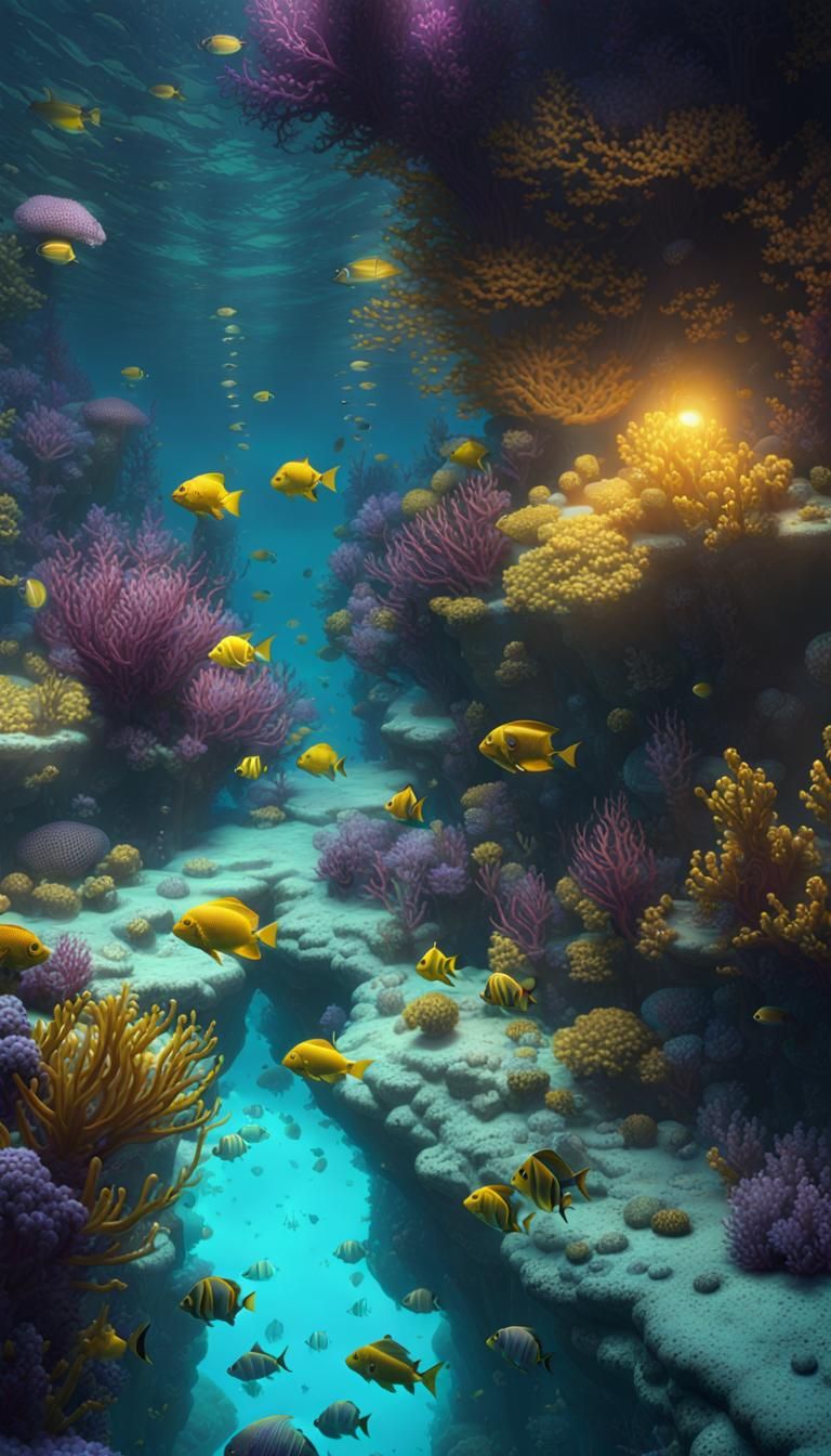 Scene From the Deep, Underwater scene showcasing glowing sea creatures ...