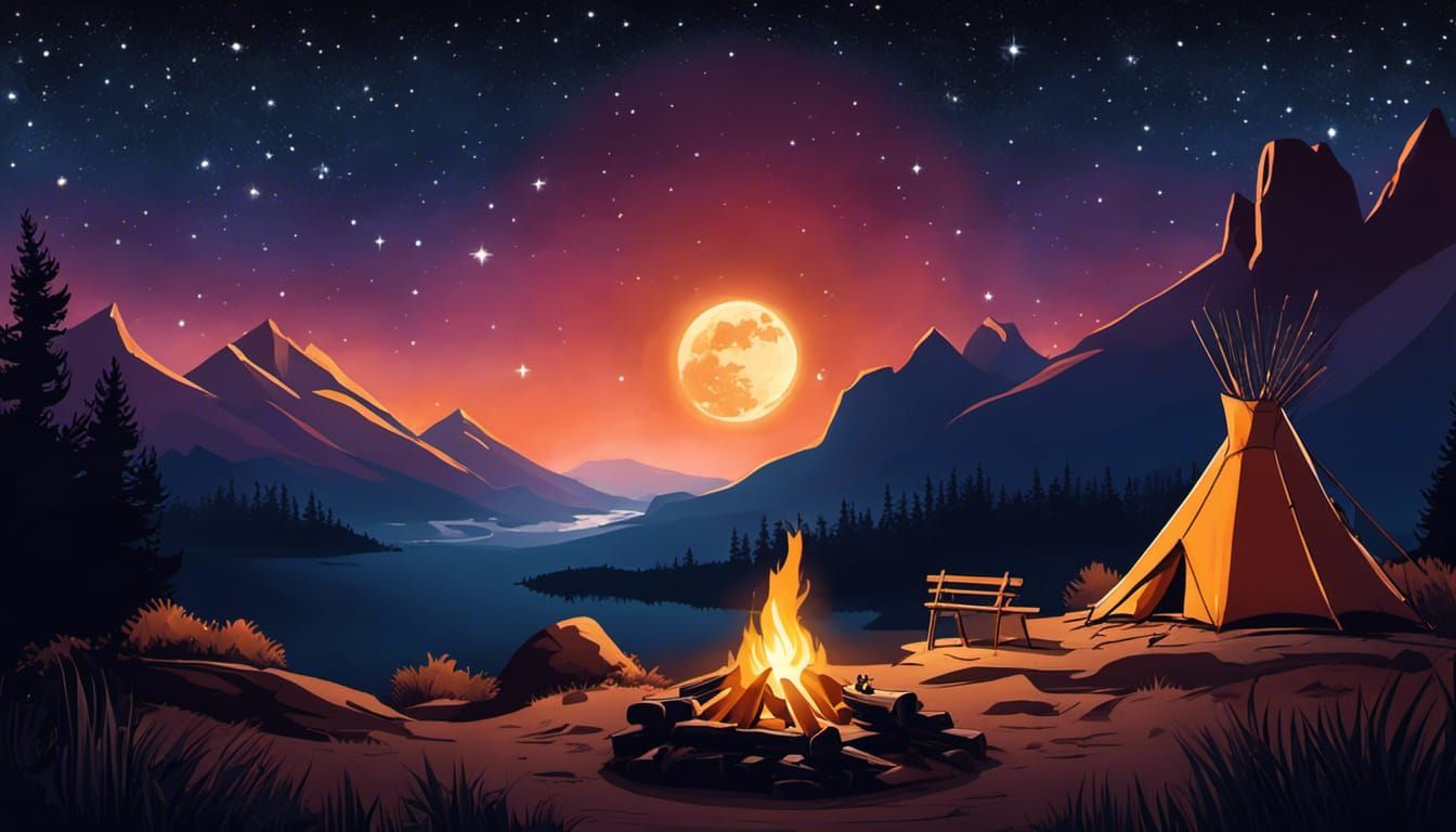 Cowboy sitting by a campfire under a moonlit night sky filled with a ...