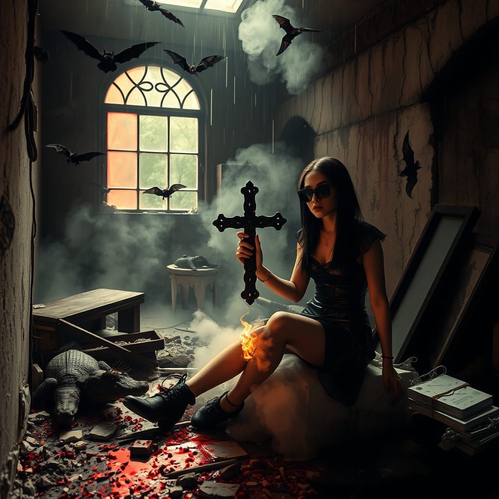 A goth fashion model with black sunglasses in dark surreal scene