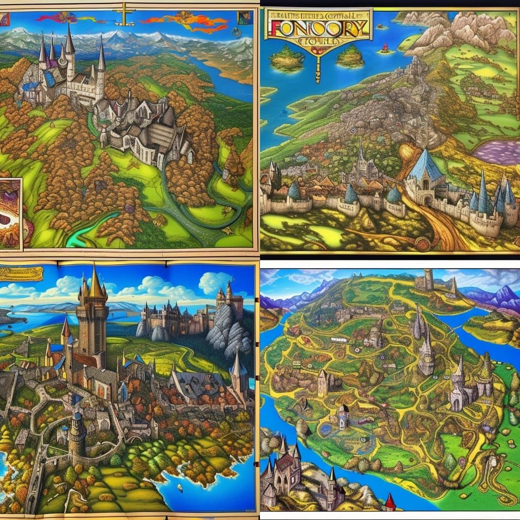 Colorful Fantasy Medieval Country Map with Castles, Cities, Churches ...