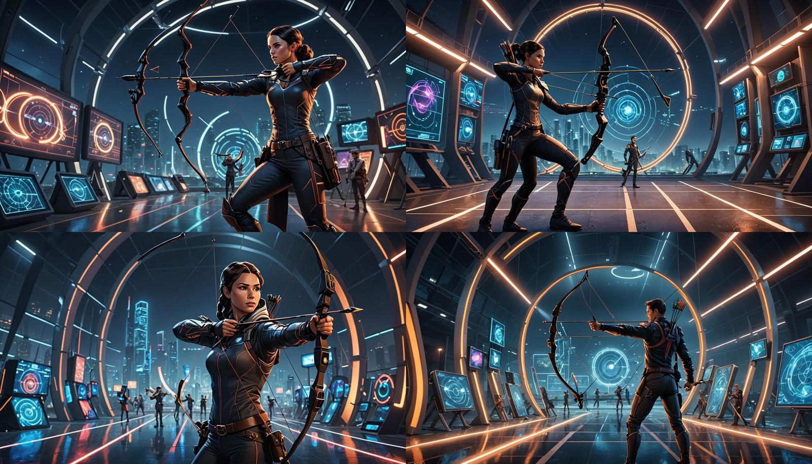 Archer in futuristic archery-themed scene featuring a high-tech sports facility at night. The ...