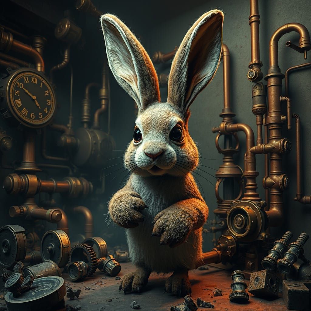Heroic Rabbit-Hand Puppet in a Melting Steampunk L... - AI Art