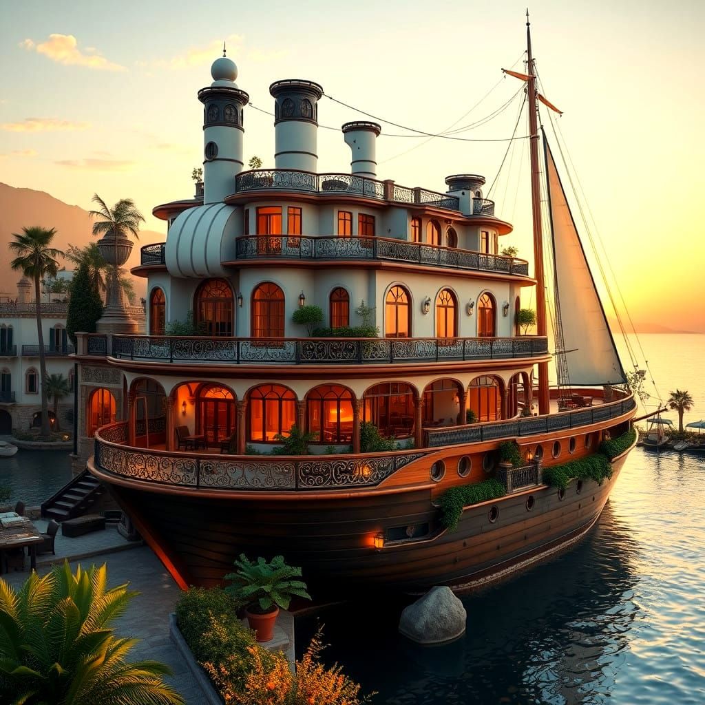 Stunning Ship-Shaped House Blends Classic and Mode... - AI Art