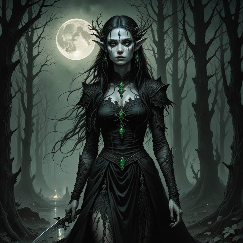 Ethereal Elf Maiden in Dark Fantasy Attire with Bl... - AI Art