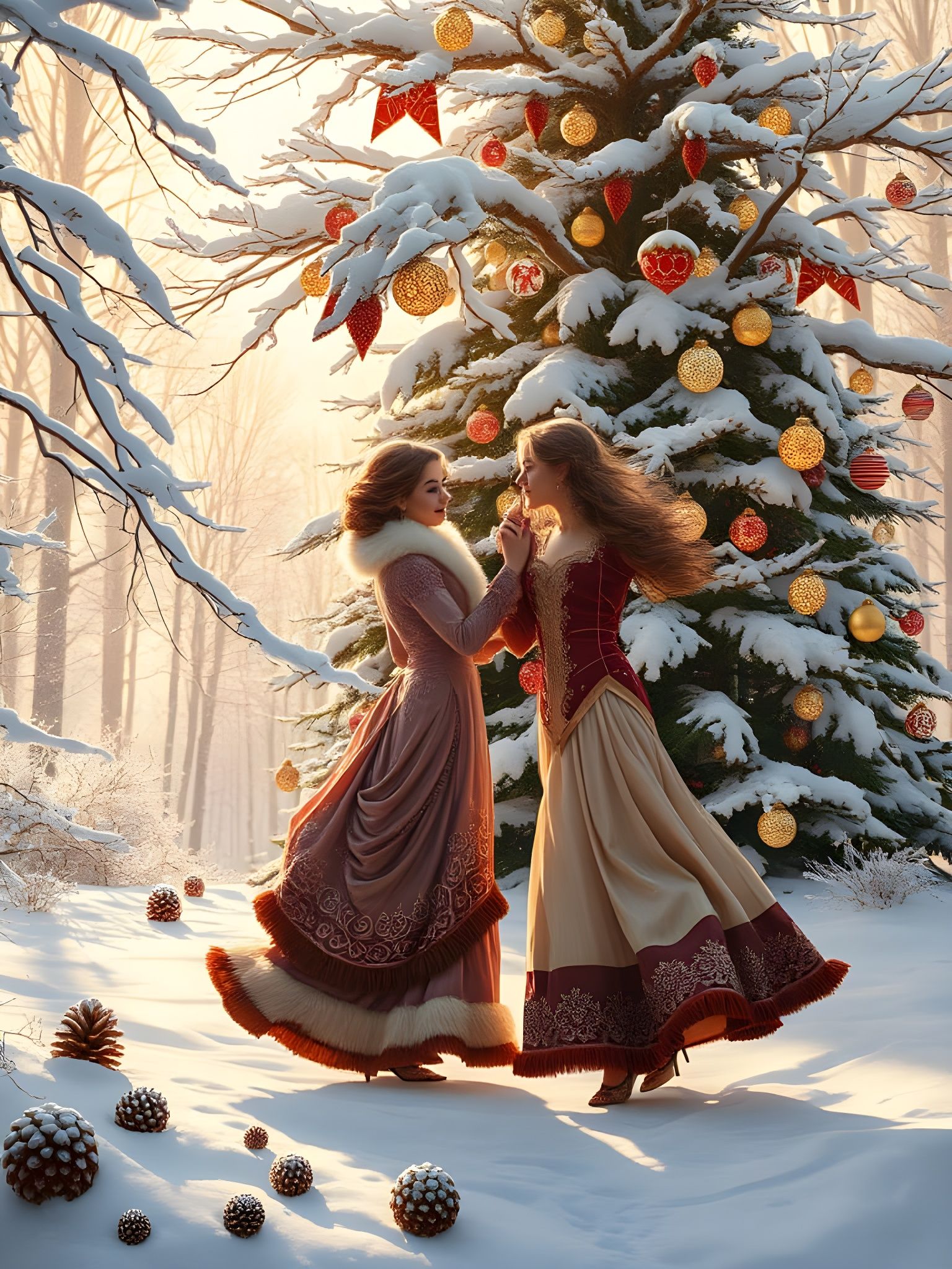 Two refined women, clad in resplendent, intricately embroidered ...