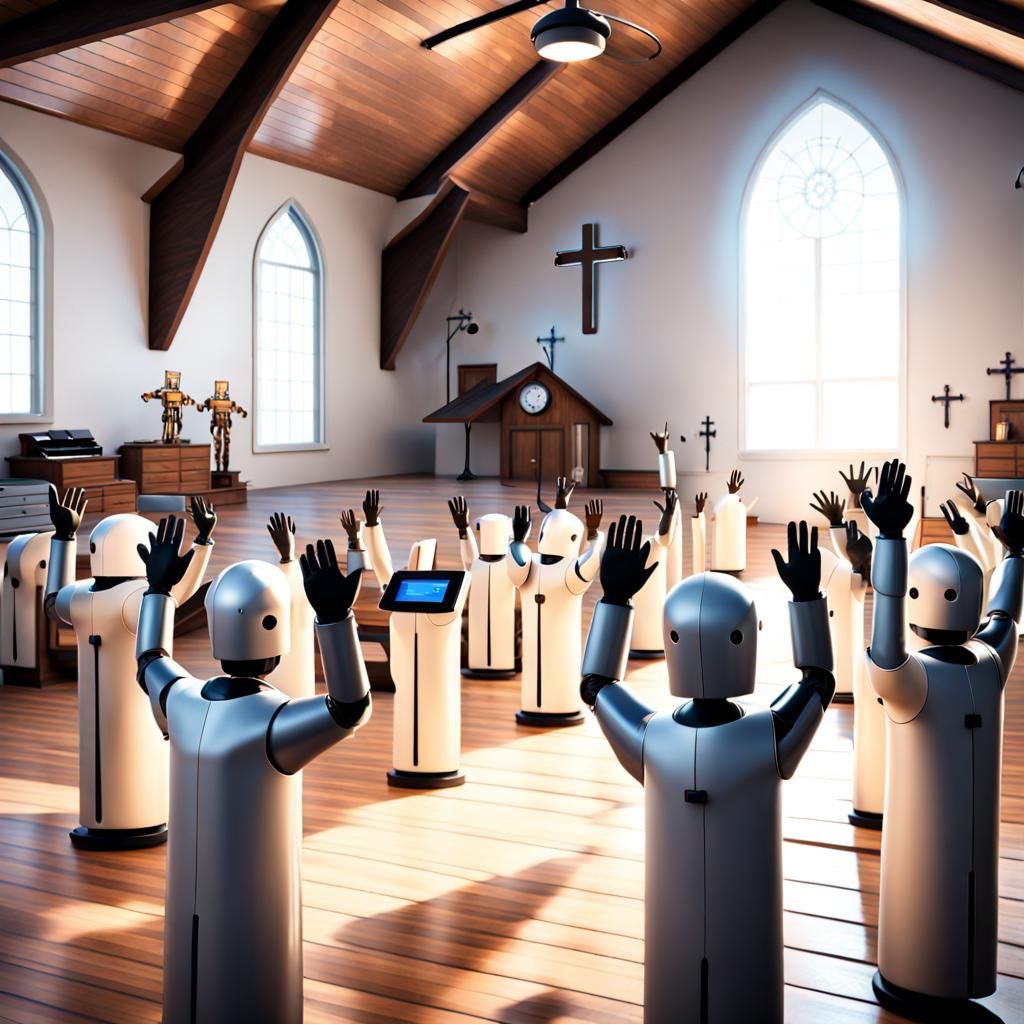A small cowboy church filled with tesla robots lifting their hands and ...