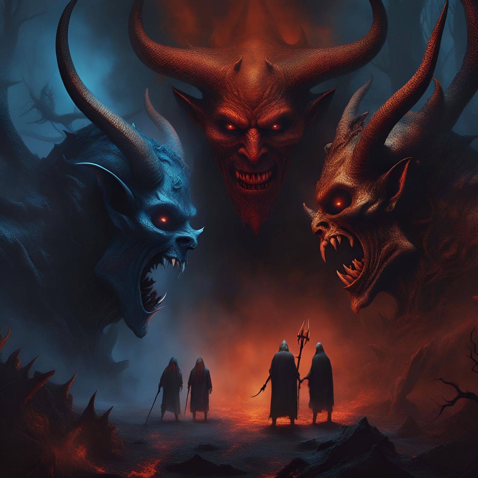 Three Demons face each other, surrounded by the creatures of hell ...