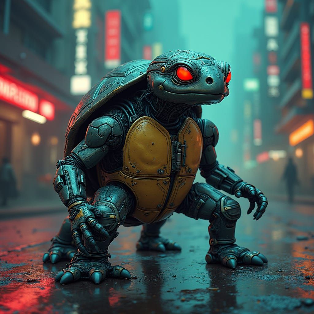 Terminator Ninja turtle - Cyborg Turtle in Neon-Lit Dystop...